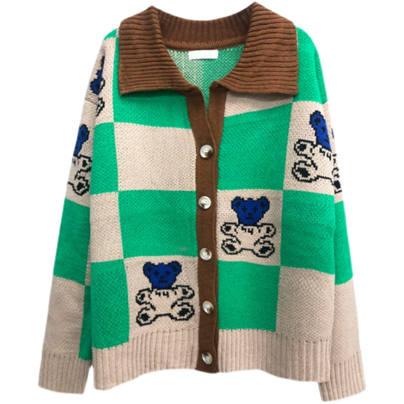 TXT Beomgyu Style Green Checkered Bear Knit Cardigan (Fan-made) – TXT ...